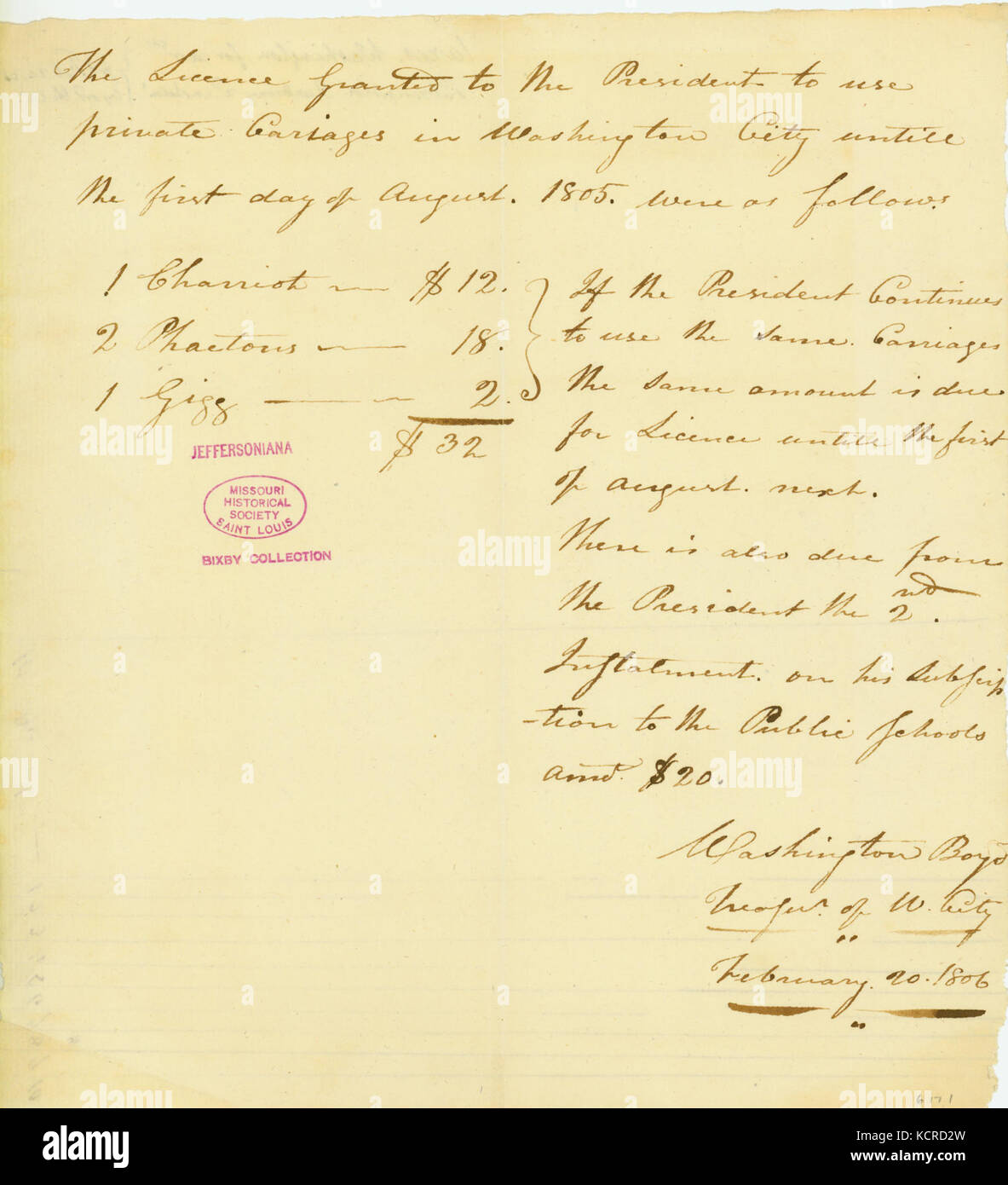 Document signed Washington Boyd, treasurer of Washington City, to ...