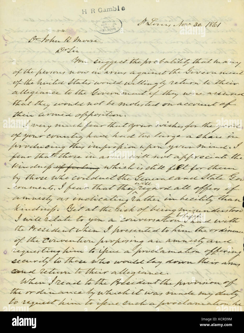 Contemporary copy of letter signed H.R. Gamble, St. Louis, to Dr. John ...
