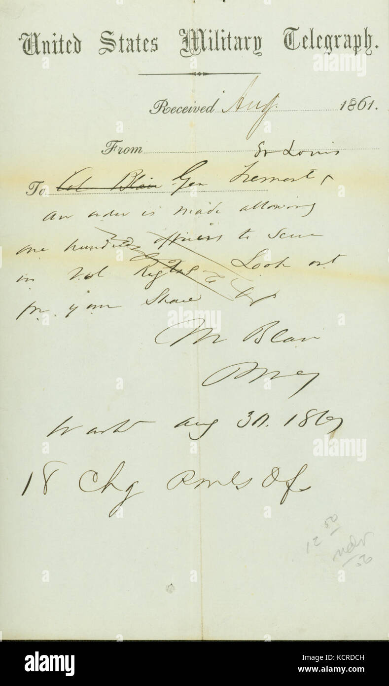 Draft of telegram signed M. Blair (Montgomery Blair), Washington, to ...