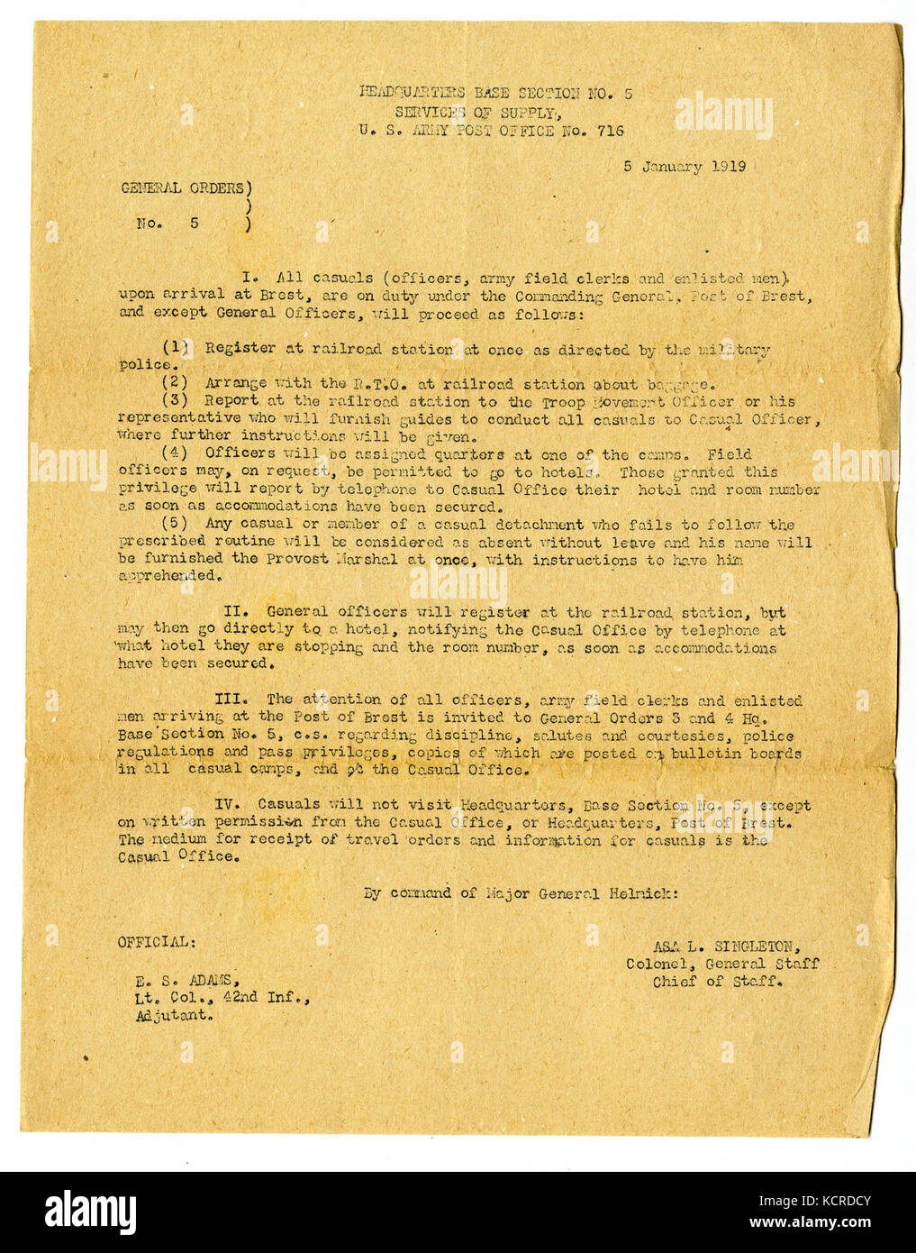 General Orders No. 5, by order of General Helmick, January 5, 1919 ...