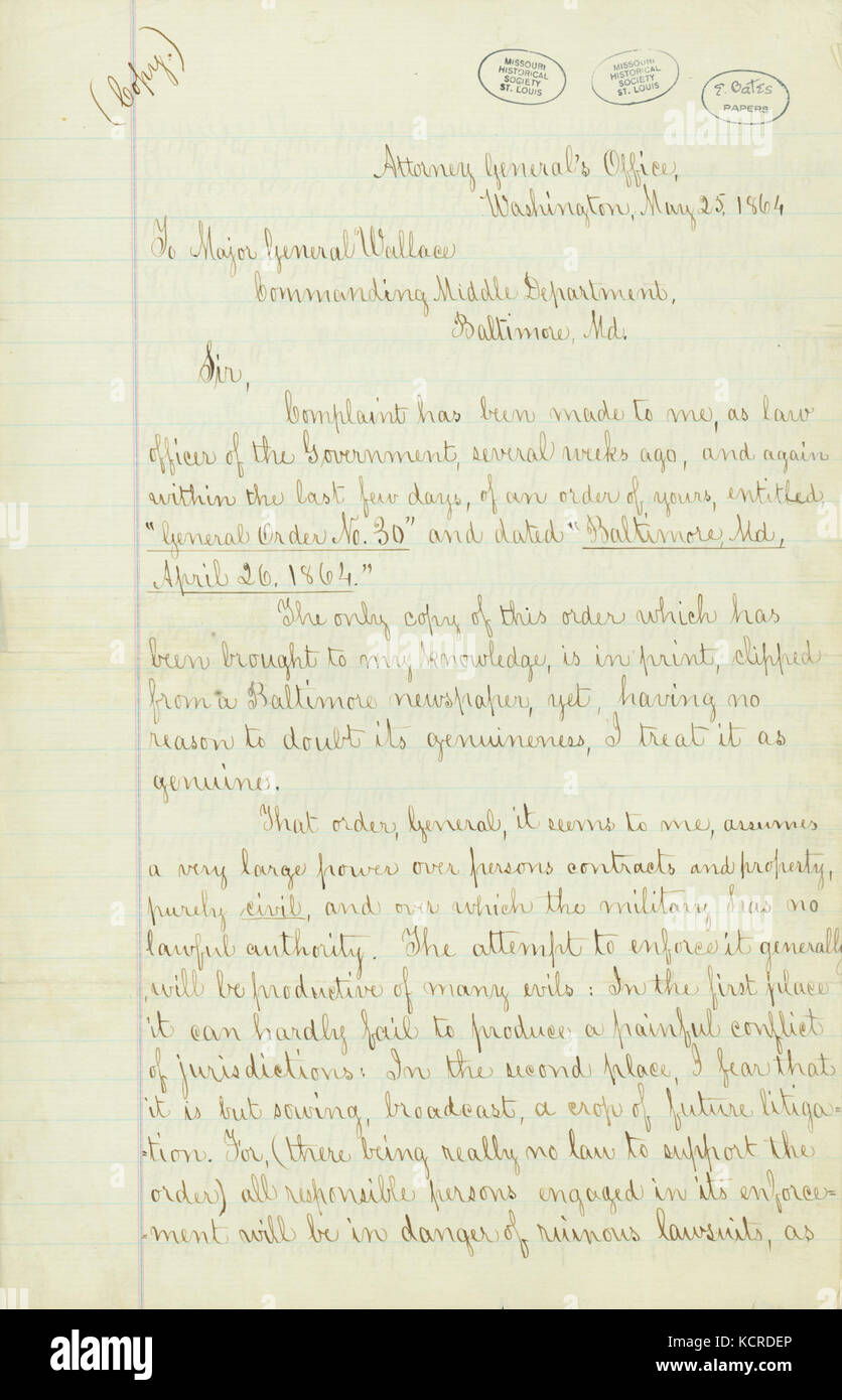 Contemporary copy of letter from Edwd. Bates (Edward Bates), Attorney ...