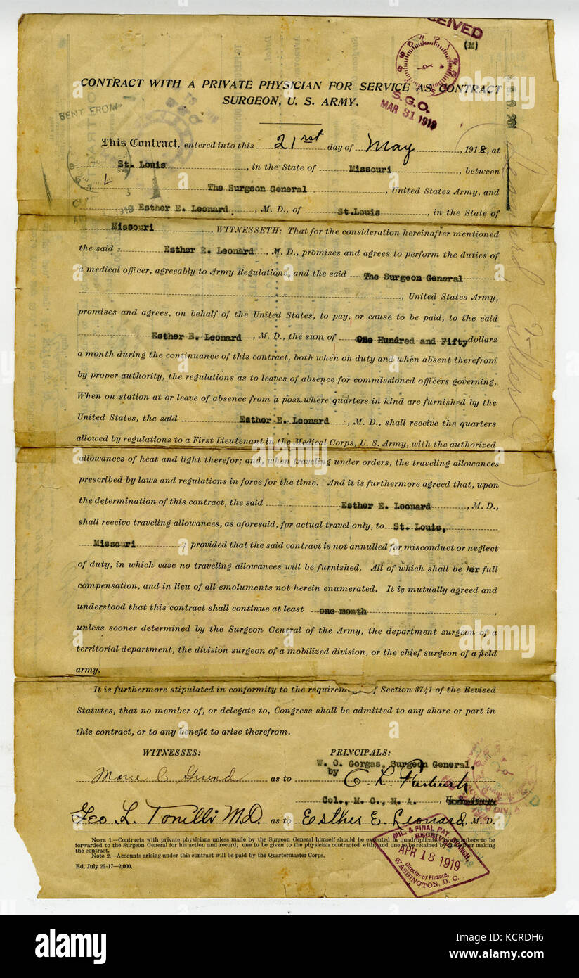 Contract for Esther E. Leonard as surgeon, U.S. Army, May 21, 1918 ...
