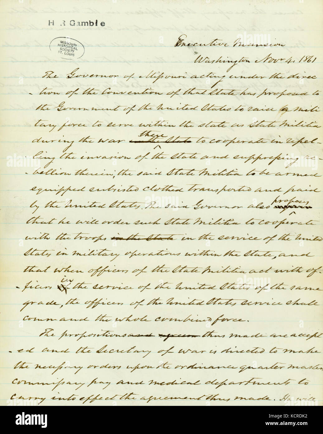 Draft of a proposition of Hamilton R. Gamble, Executive Mansion ...