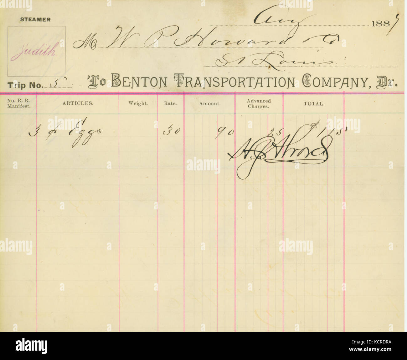 Bill of lading of the Benton Transportation Company for the steamer ...