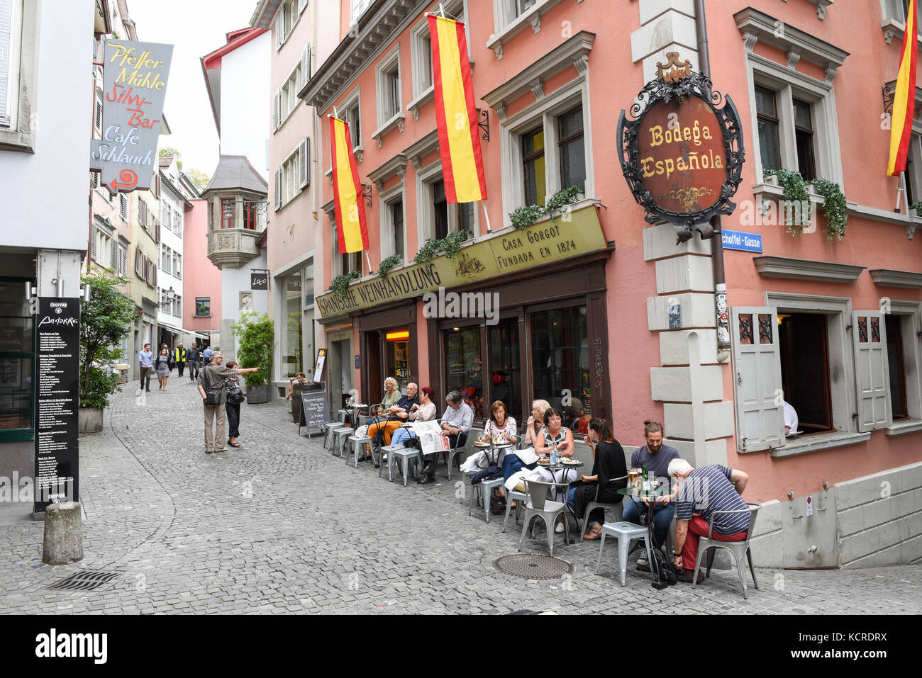 Zurich, Switzerland - 11 July 2017: people eating and drinking on a ...