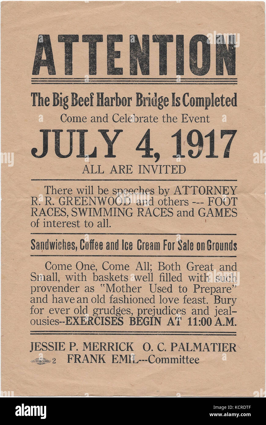 Big Beef Harbor bridge handbill 1917 Jul 4 Stock Photo - Alamy
