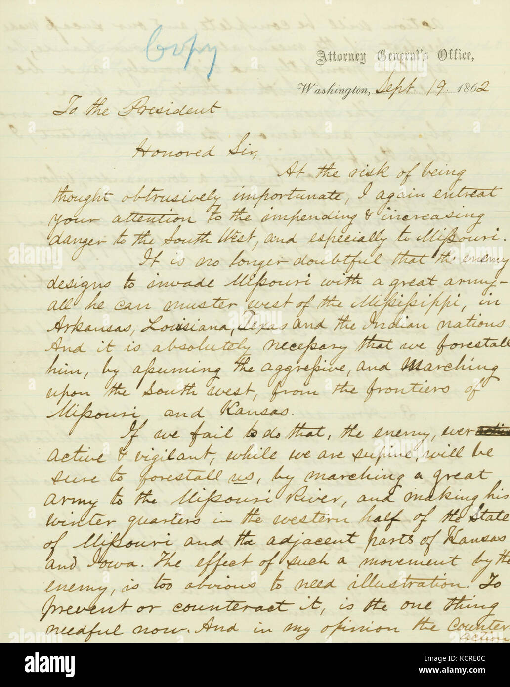 Contemporary copy of a letter signed Edw. Bates (Edward Bates ...