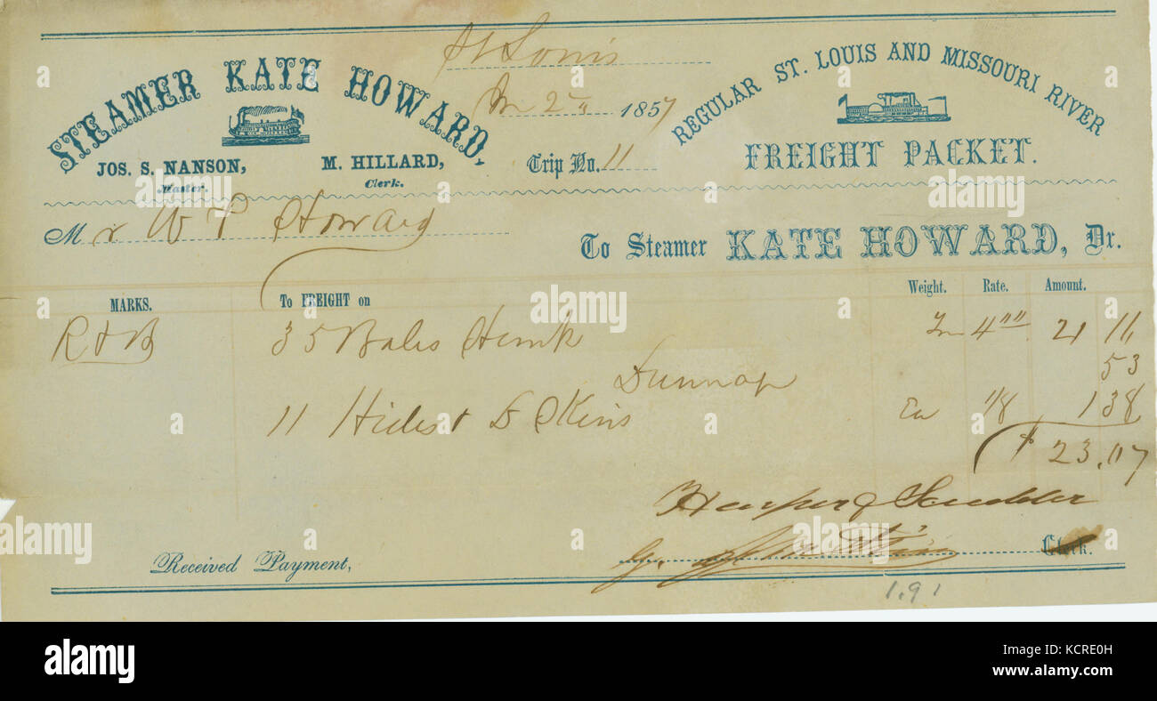 Bill of lading, steamer Kate Howard, St. Louis, for hemp, hides, and ...