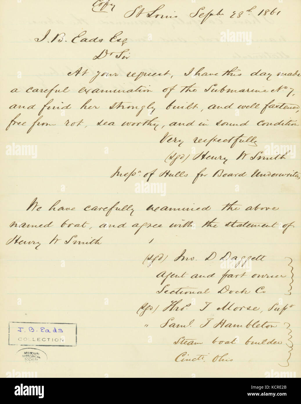Copy of letter of Henry W. Smith et al., St. Louis, to J.B. Eads ...