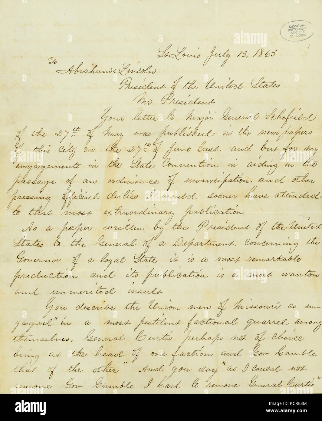 Contemporary copy of letter signed H.R. Gamble, Gov. of Missouri, St ...