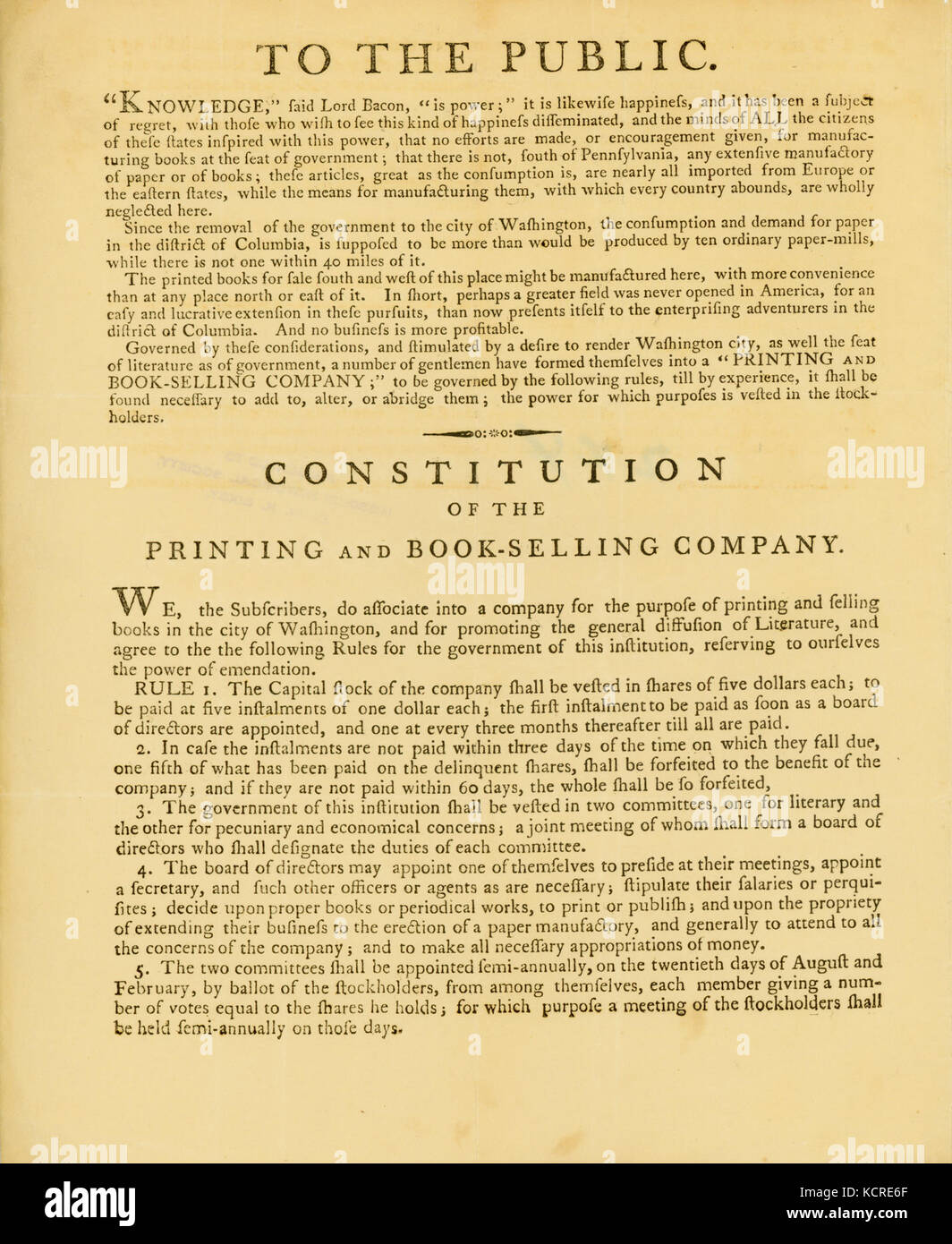 Circular titled 'Constitution of the Printing and Book Selling Company ...