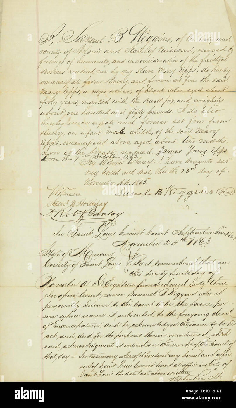 Deed of emancipation signed Samuel B. Wiggins, St. Louis, November 23 ...