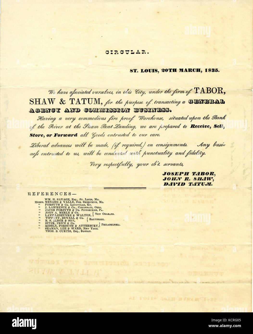 Circular announcing the association of Joseph Tabor, John R. Shaw, and ...