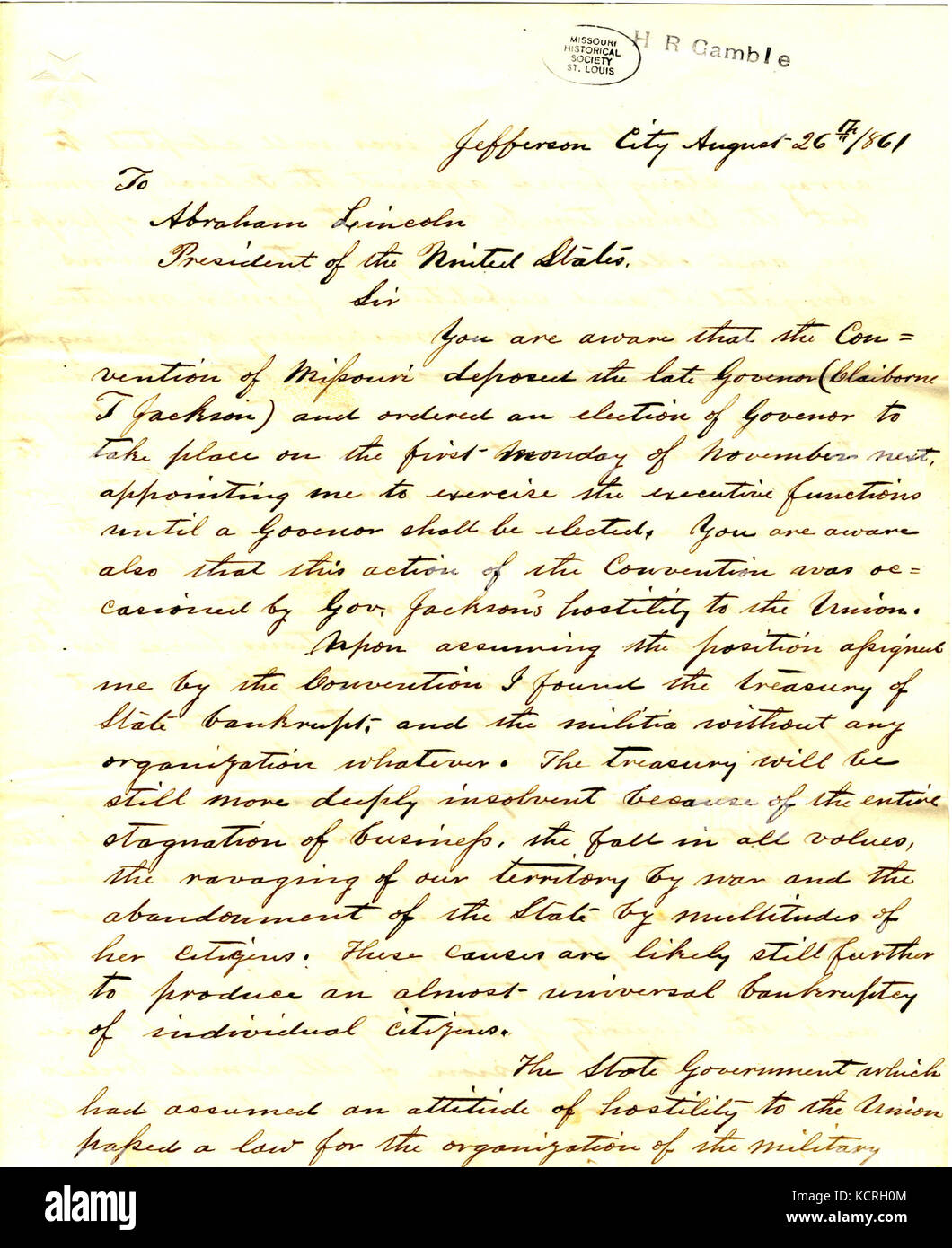 This contemporary copy of a letter from Hamilton R. Gamble, then ...