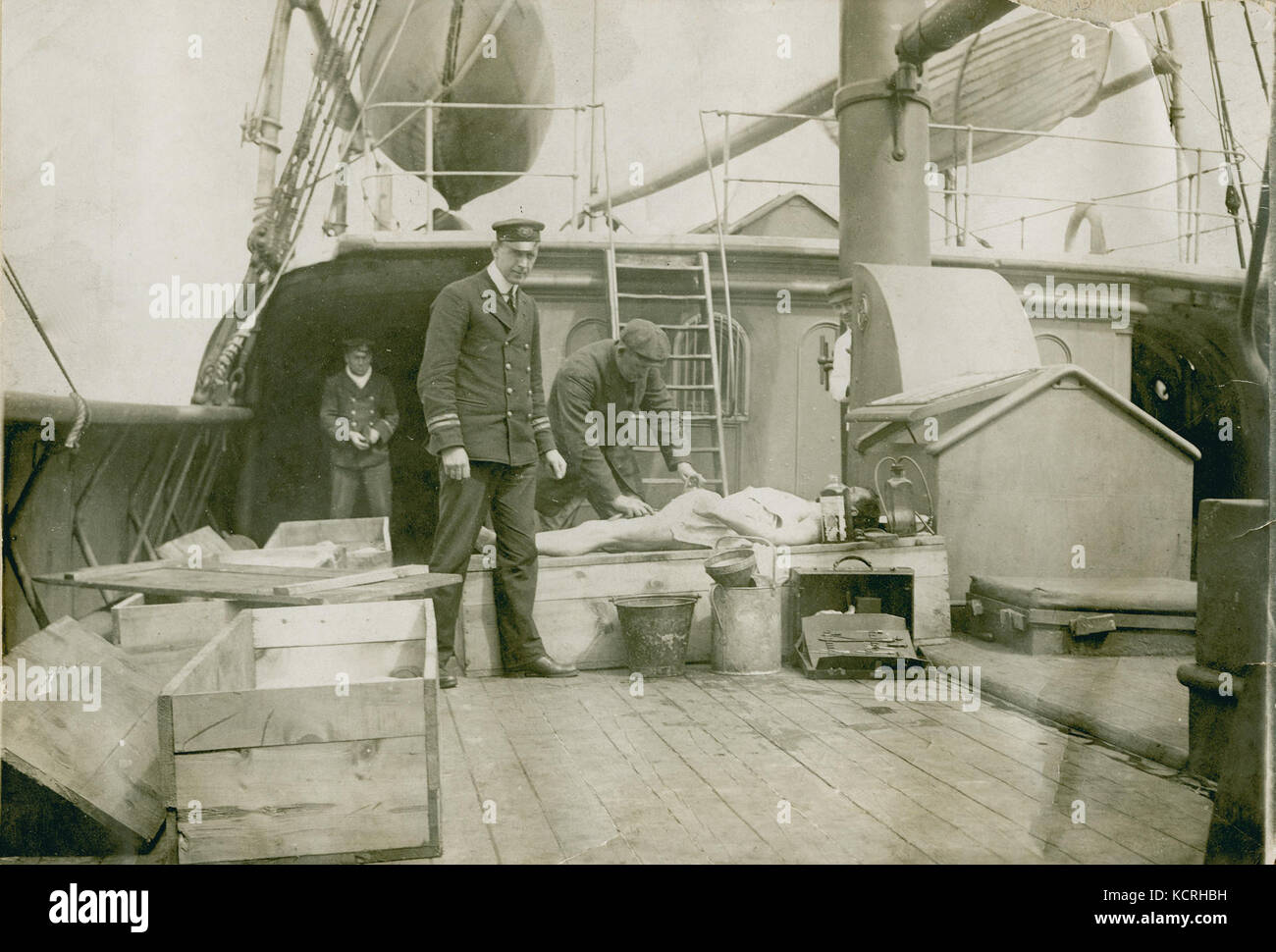 Body of RMS Titanic victim aboard rescue vessel CS Minia, April or May ...