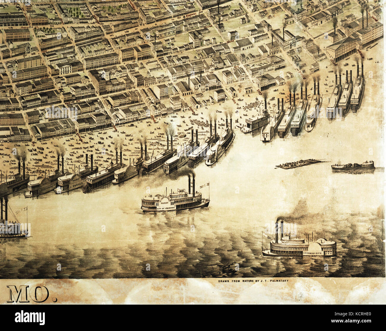 A bird's eye view of Saint Louis, Missouri, detailing the city's layout ...