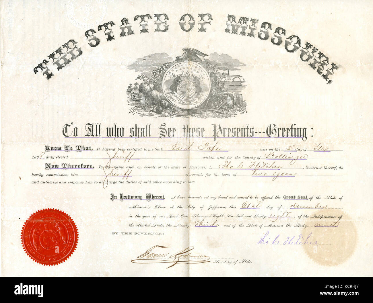 This certificate from the State of Missouri, dated December 21, 1868 ...