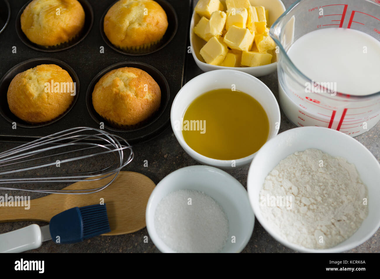 Various ingredients arranged on a concrete background Stock Photo - Alamy