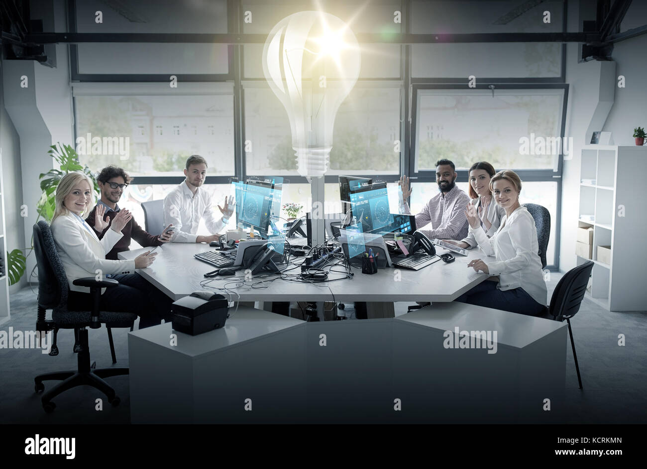 business team waving hands at office Stock Photo - Alamy