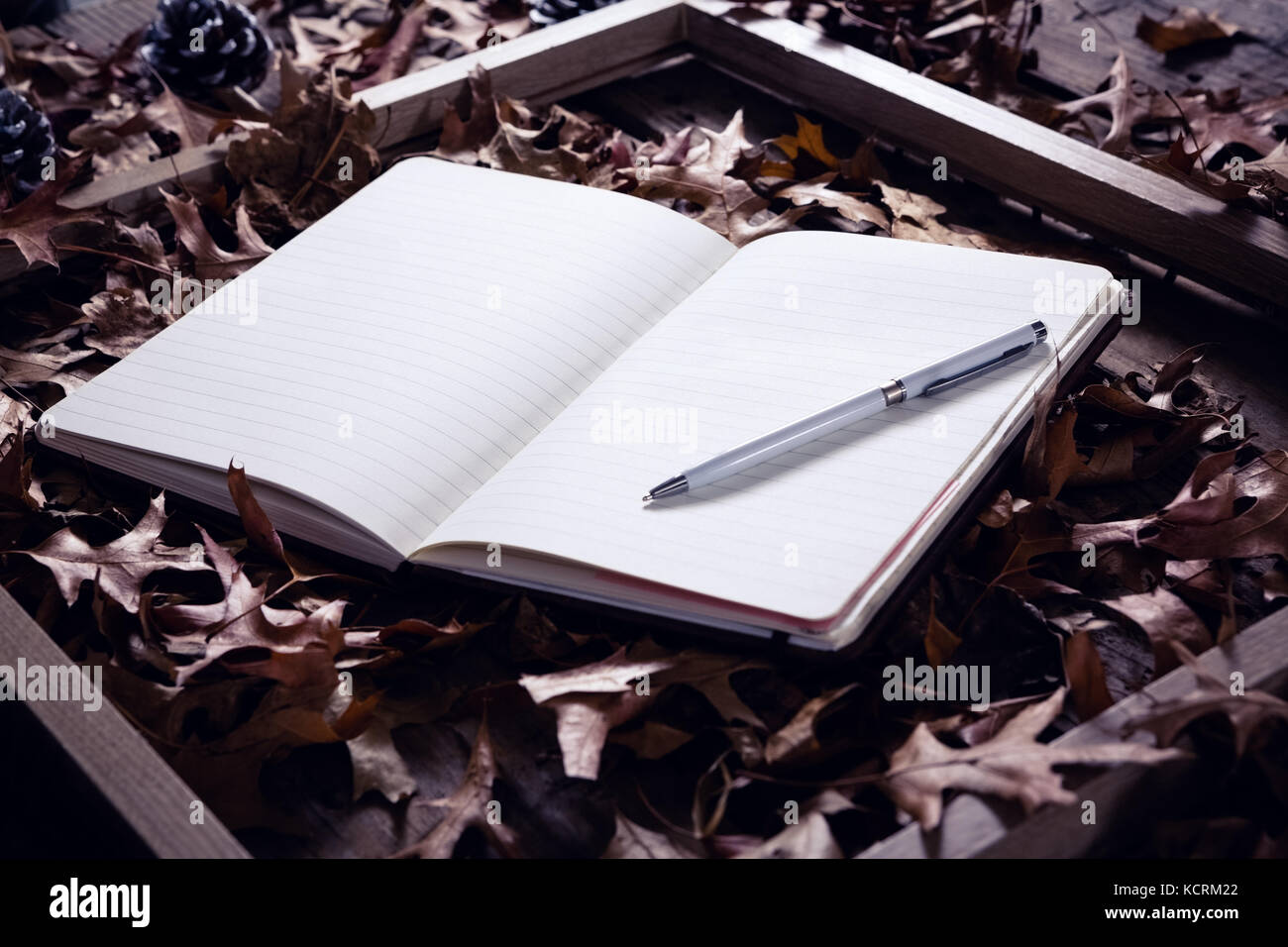 Close-up of open book, pen and frame on table Stock Photo - Alamy