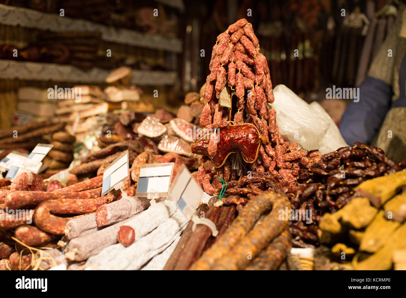smoked meat products at market or butcher shop Stock Photo - Alamy