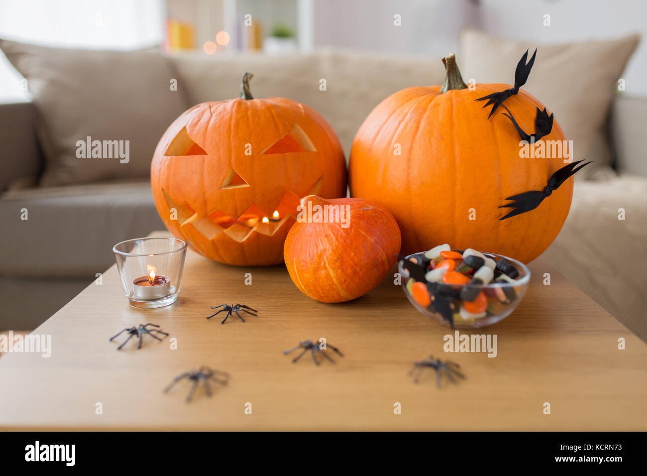 jack-o-lantern and halloween decorations at home Stock Photo - Alamy
