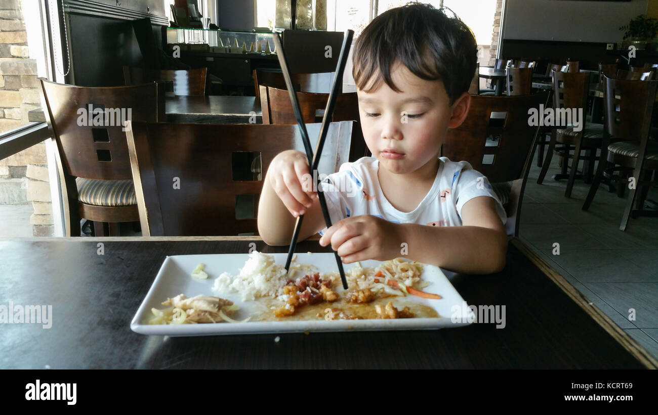 Cute Young Chinese and Caucasian Boy Learning To Use Chopsticks At ...