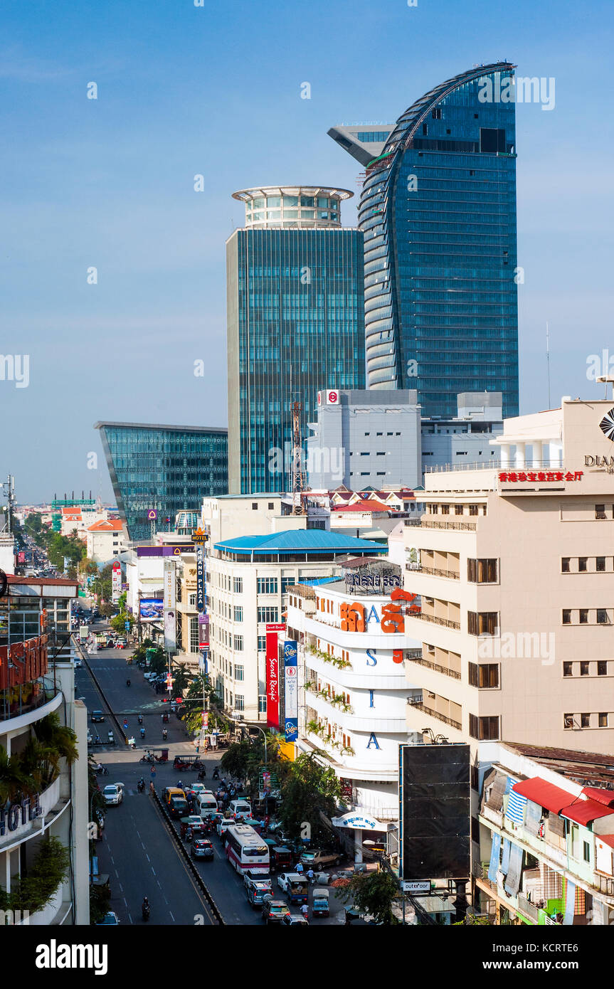 Aerial view of Mornivong Road and high-rise buildings, Phnom Penh ...