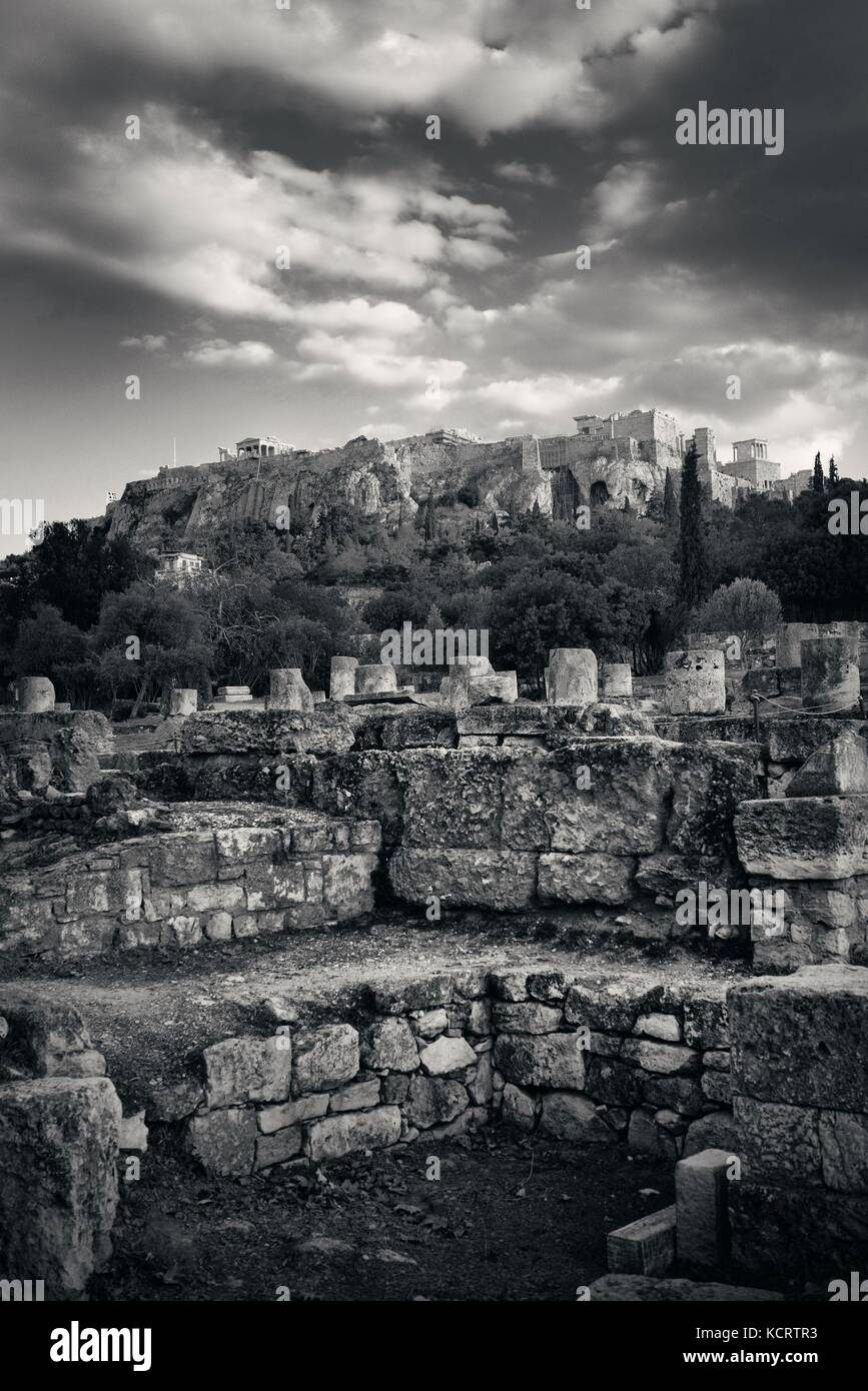 Acropolis historical ruins on top of mountain in Athens, Greece Stock ...