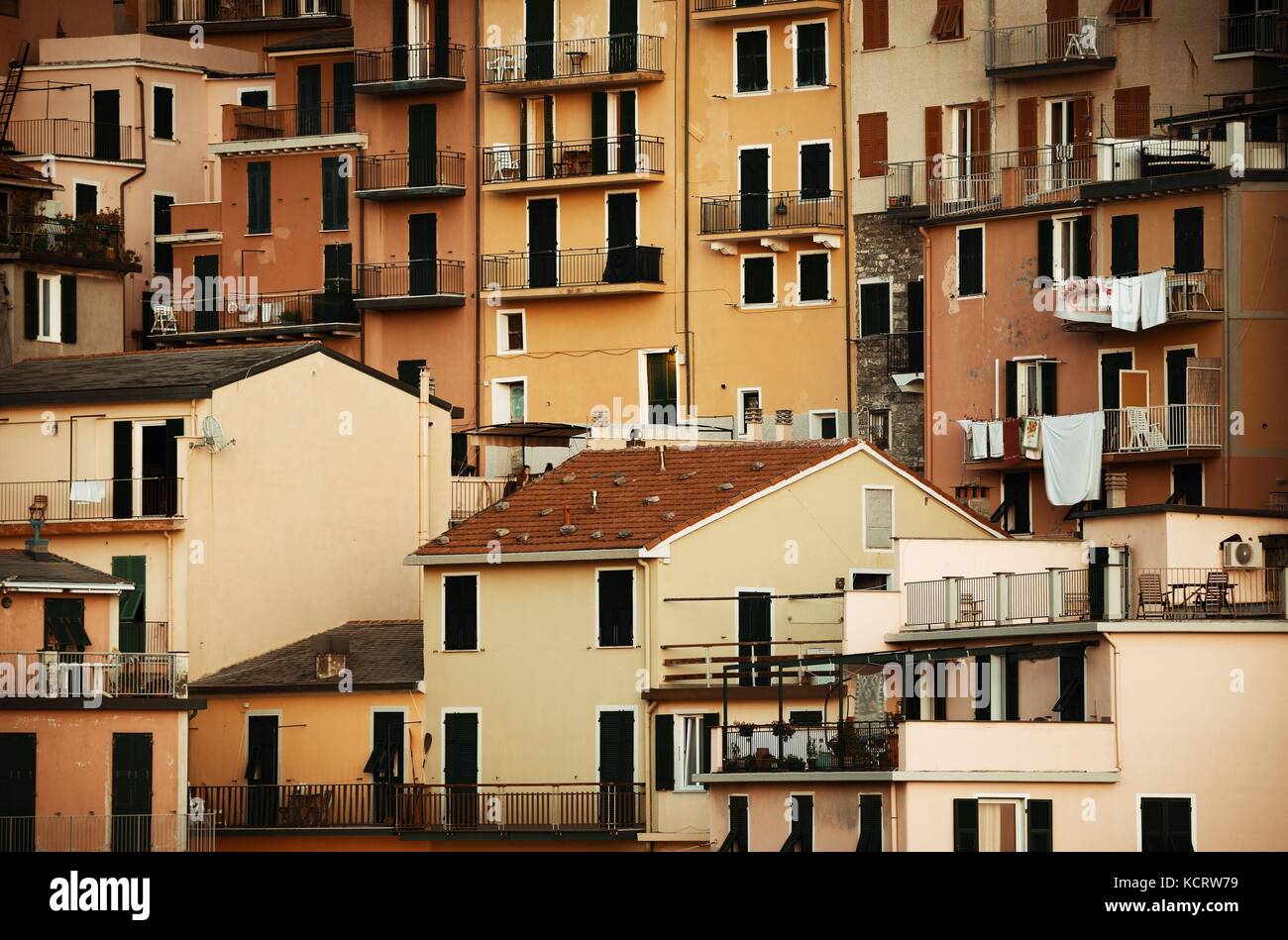 Abstract Italian style building closeup background in Manarola, Cinque ...