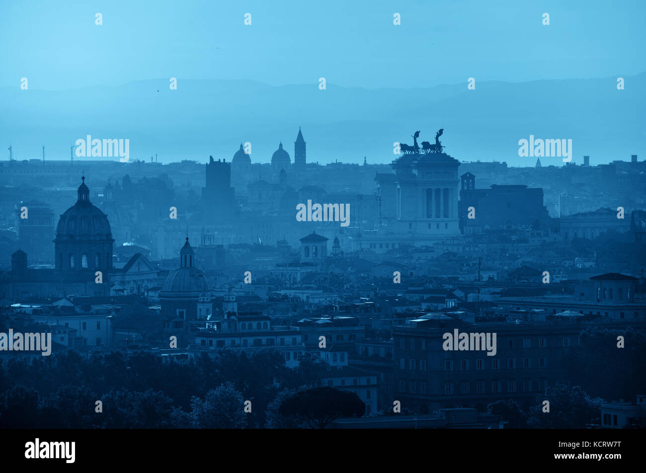Rome rooftop view at sunrise silhouette with ancient architecture in ...