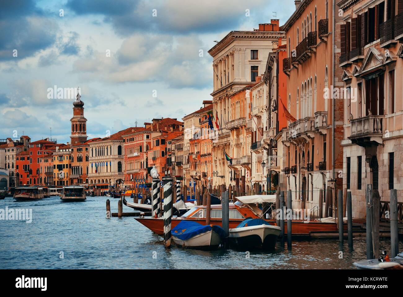 Venice canal view with tower and historical buildings. Italy Stock ...