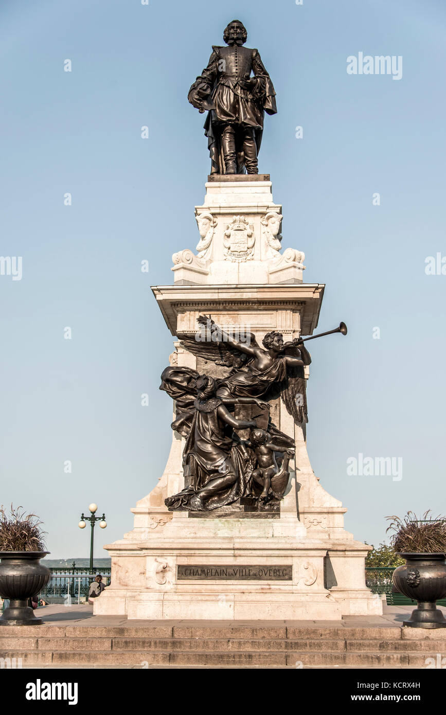 Statue of Samuel de Champlain against blue summer sky in the historic ...