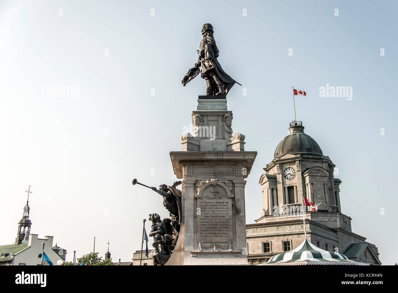 Statue of Samuel de Champlain against blue summer sky in the historic ...