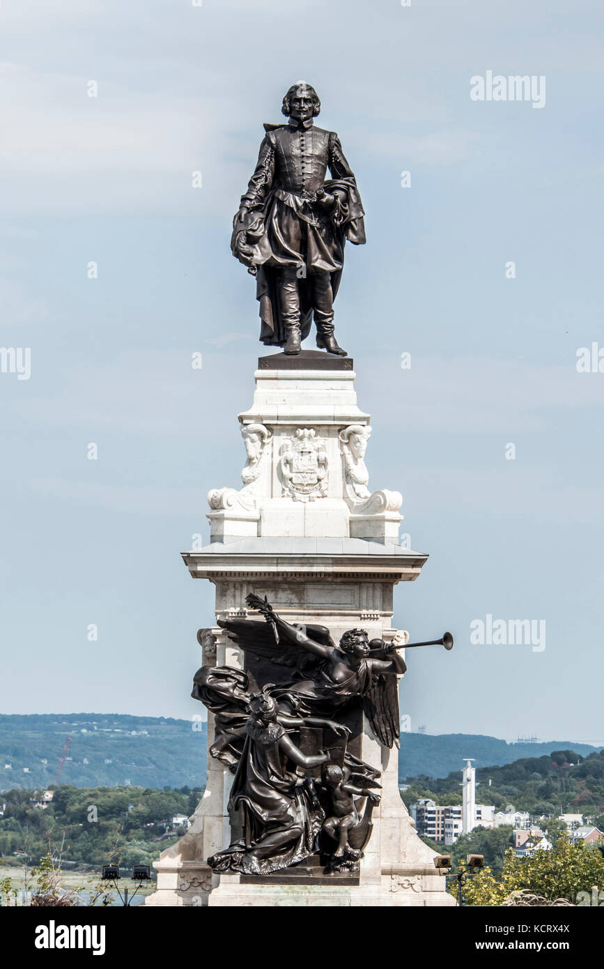 Statue of Samuel de Champlain against blue summer sky in the historic ...