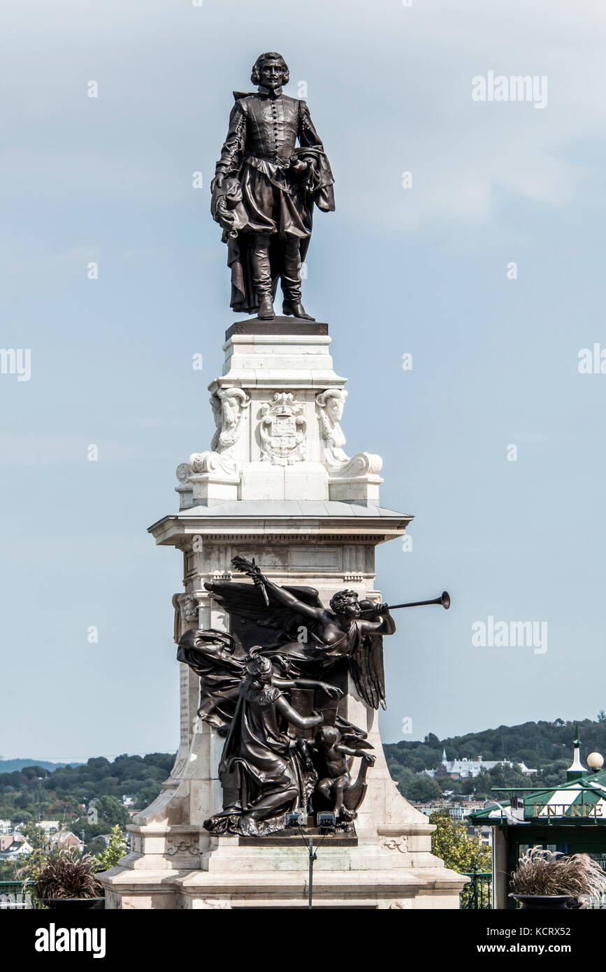 Statue of Samuel de Champlain against blue summer sky in the historic ...