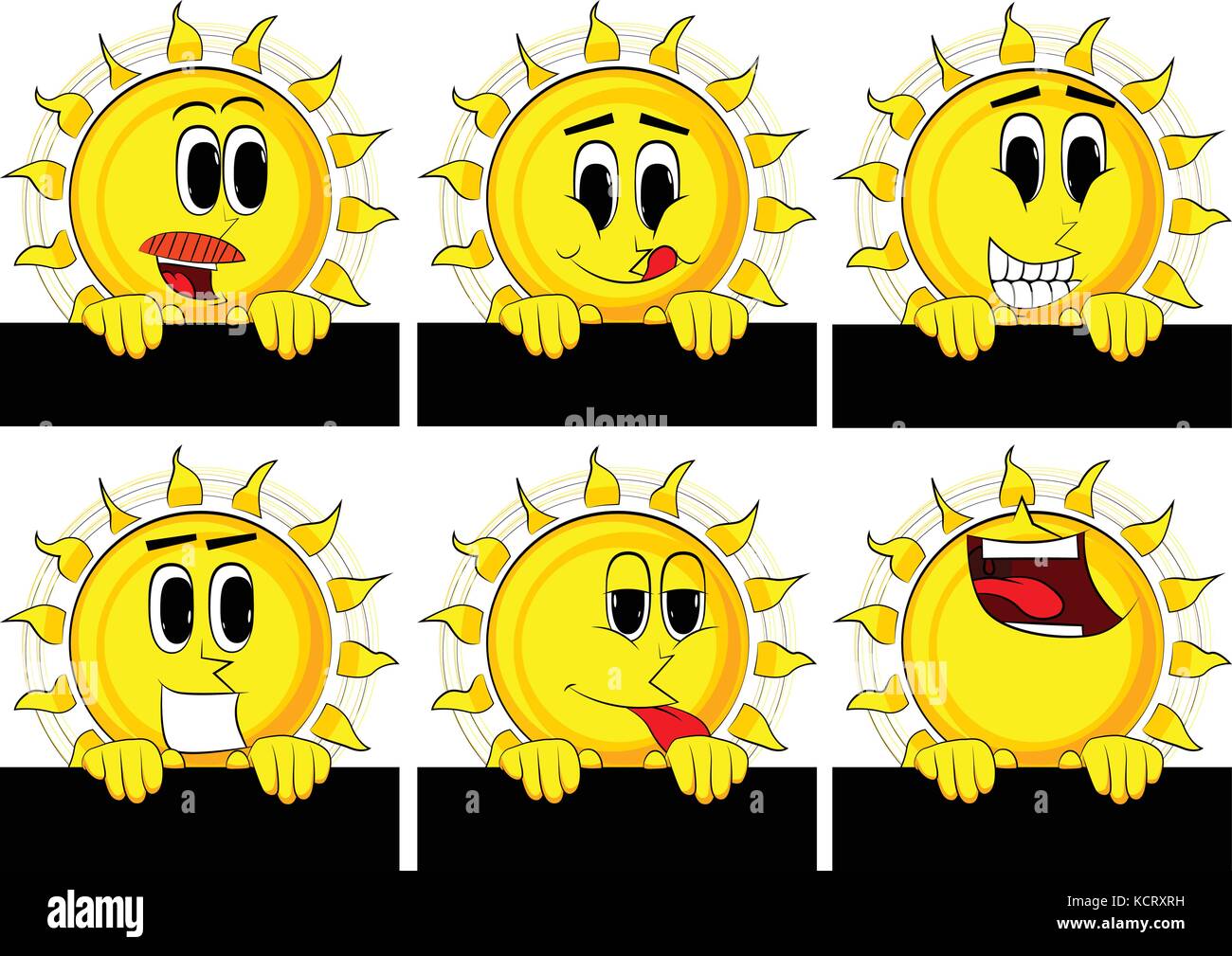 Cartoon sun holding blank black sign. Collection with happy faces ...