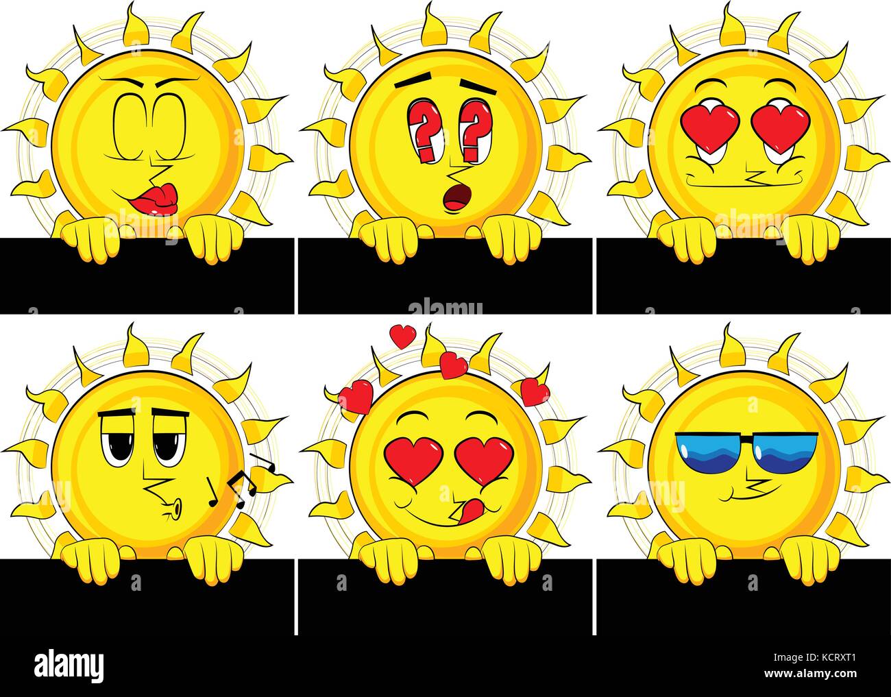 Cartoon sun holding blank black sign. Collection with various facial ...