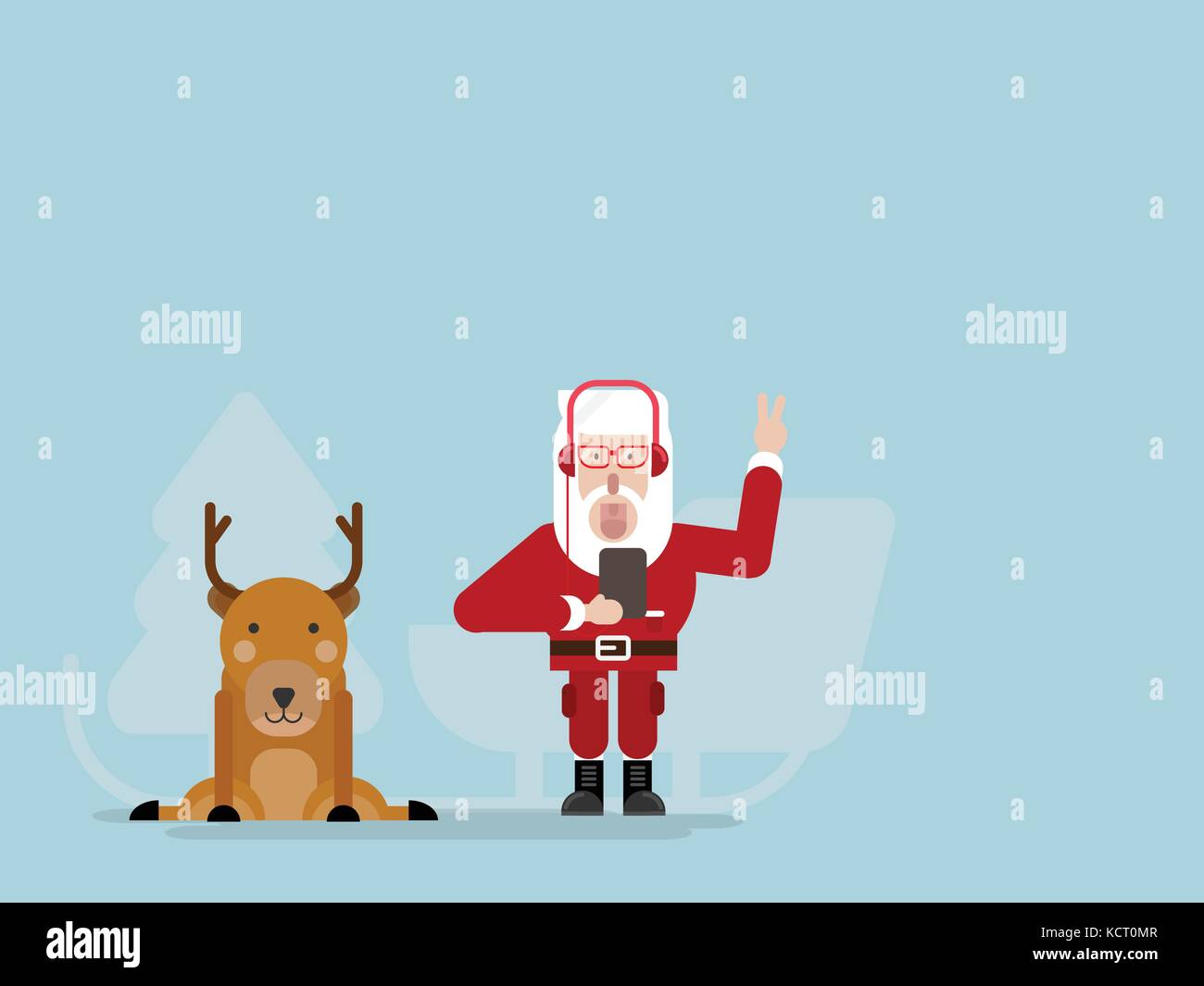 santa claus listening music with deer flat design cartoon vector ...