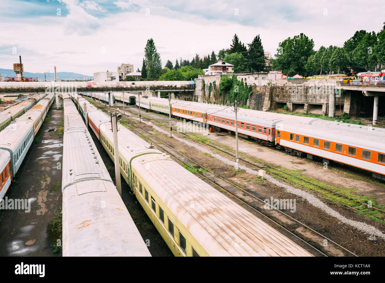 Rows of older railway carriages on Tbilisi Railway station, Tbilisi ...