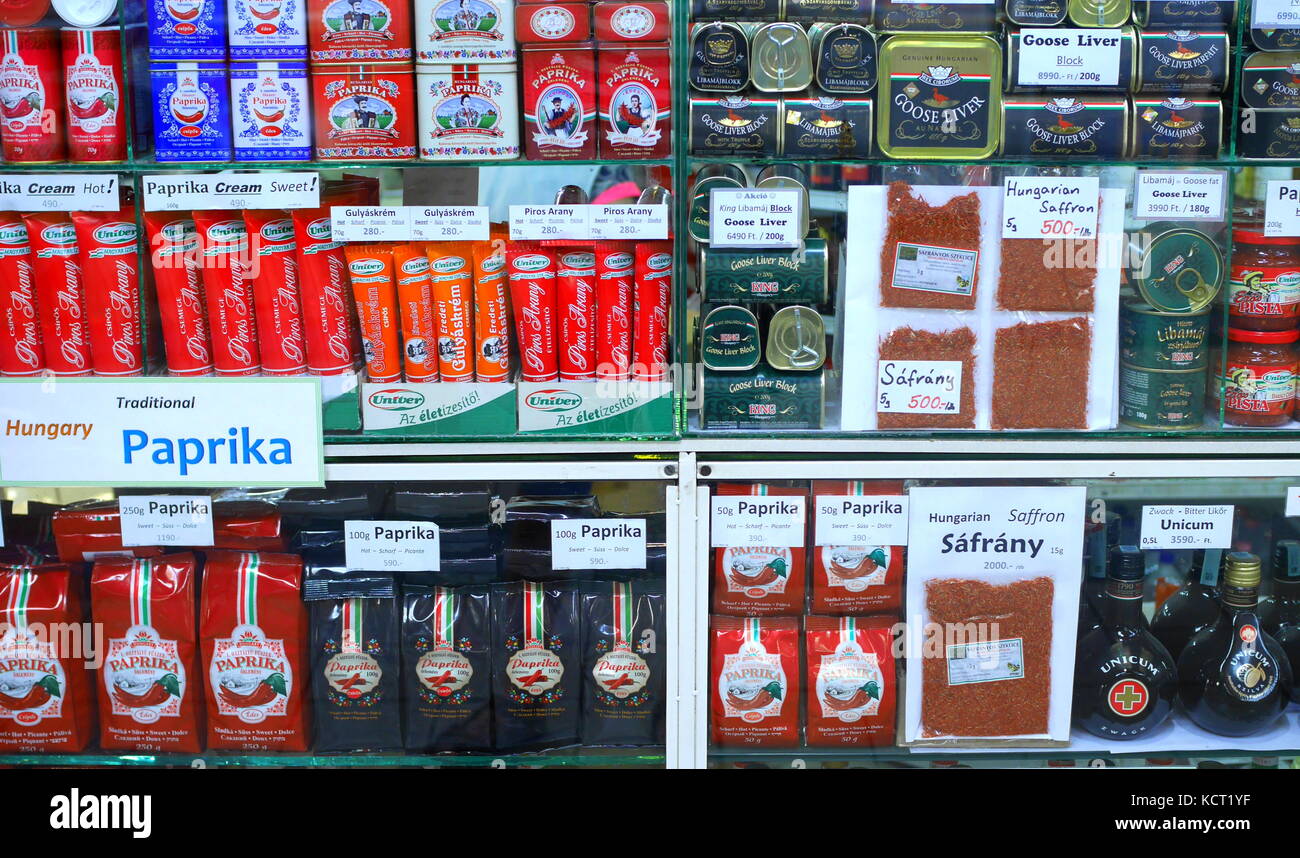 A display of traditional Hungarian food items at the Nagycsarnok, Great ...
