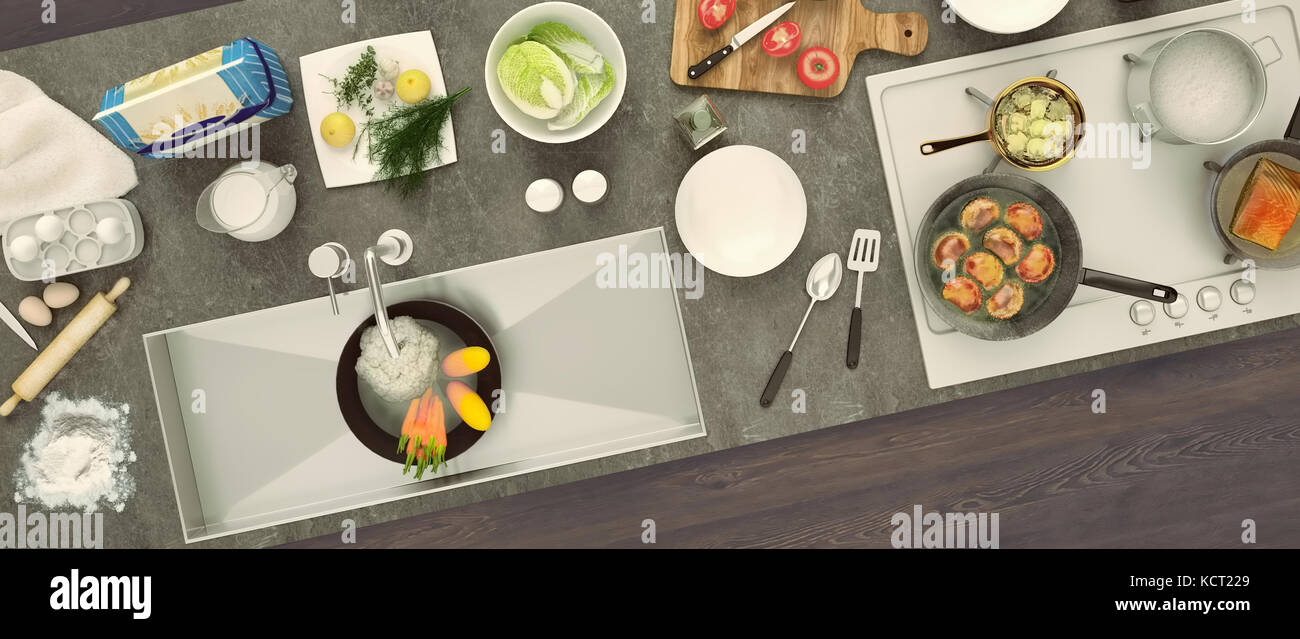 Stone countertop with dishes and products. Panorama. Top view. Diagonal ...