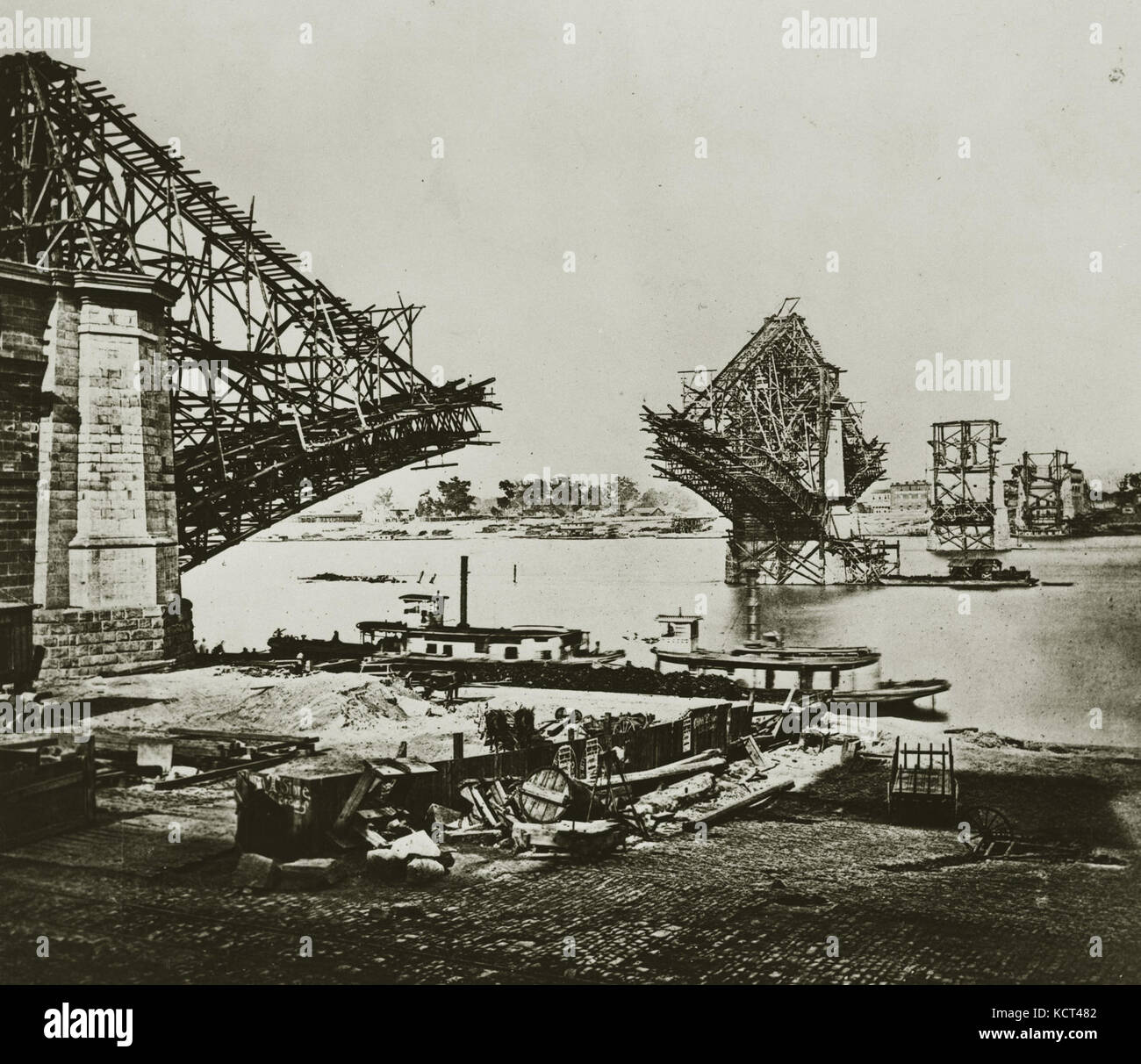 Erection of the west and center arches of the Eads Bridge, view looking ...