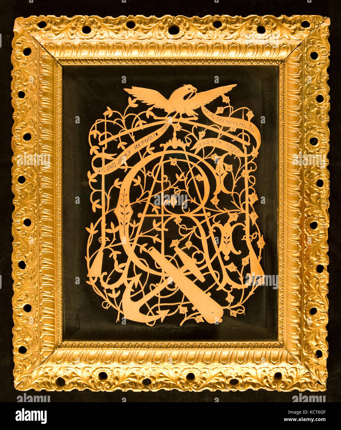 Framed wooden scrollwork monogram for the Grand Army of the Republic ...