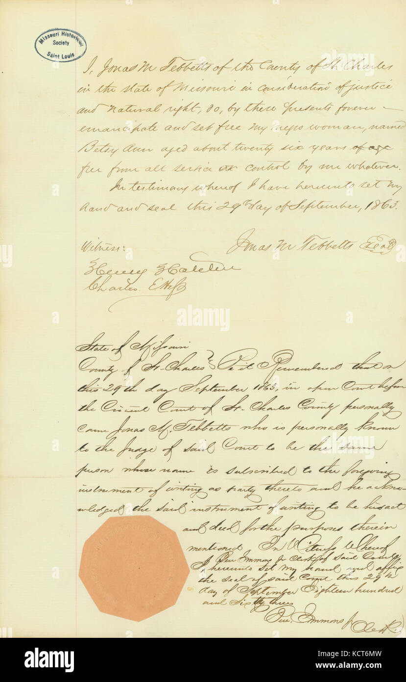 Emancipation certificate for Betsy Ann, about twenty six years old ...