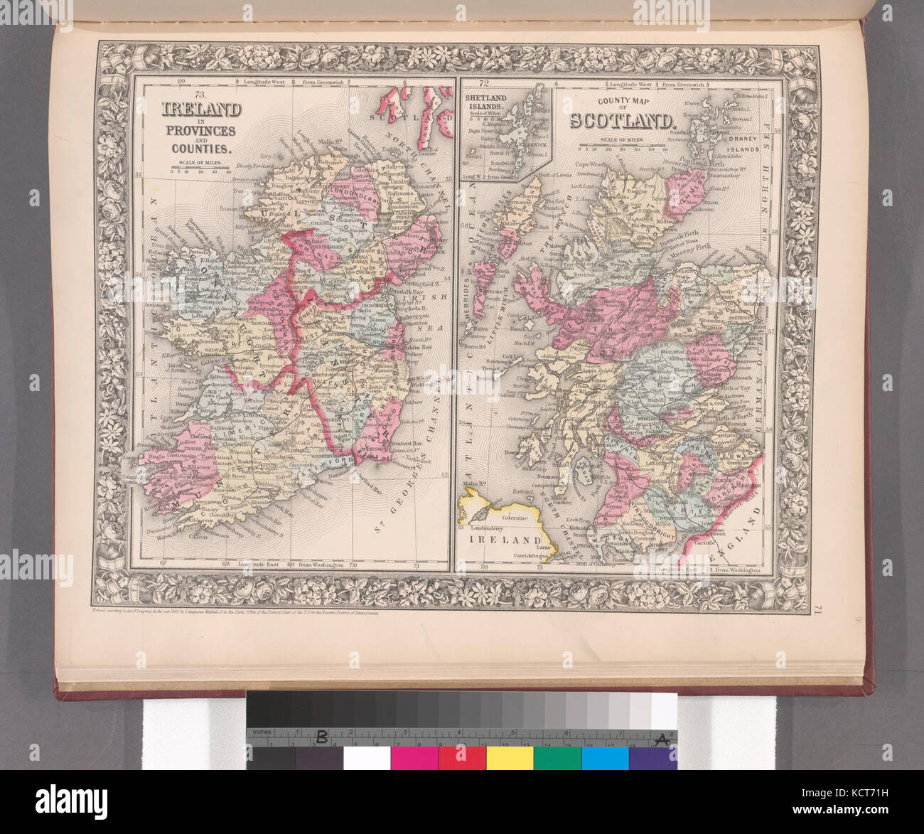 County map of Scotland; Shetland Islands (inset); Ireland in provinces ...
