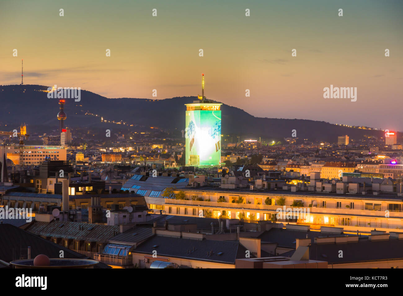 VIENNA, AUSTRIA - AUGUST 30: Aerial view at night over the cityscape of ...