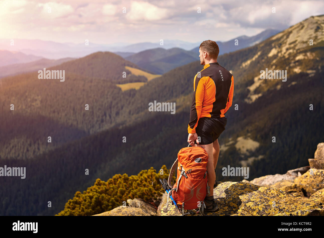 Man traveler with backpack hiking Travel Lifestyle concept adventure ...