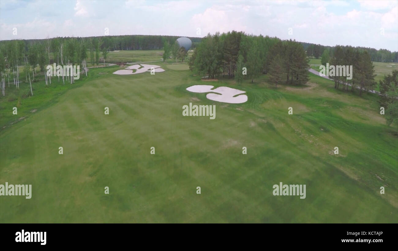 Aerial Golf course with gorgeous green and sand bunker. Aerial view on ...