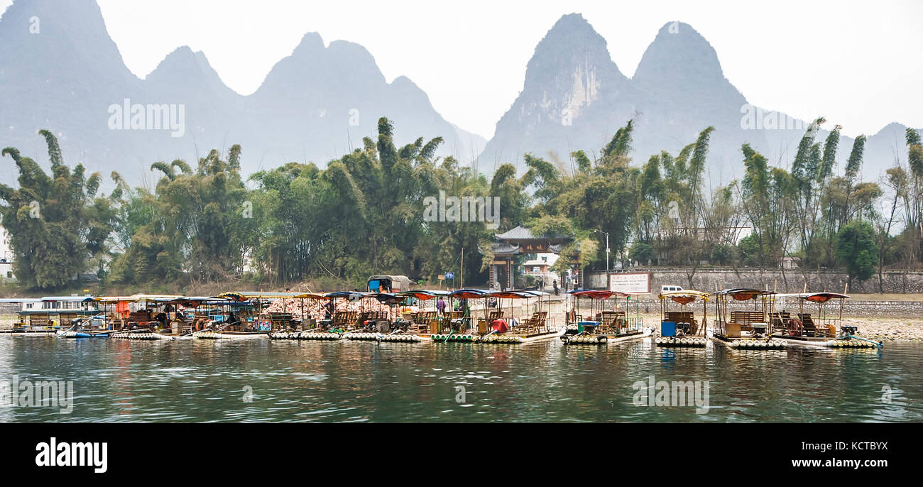 Guilin, China - Jan 29, 2013: Bamboo rafting in winter is a popular ...